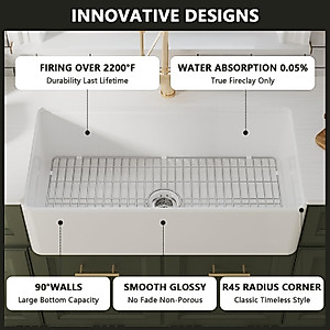 DeerValley Farmhouse Sink, DV-1K505 Grove 36"L x 18"W Fireclay Farmhouse Sink White Apron Front Deep Single Bowl Kitchen Sink with Sink Grid and Basket Strainer