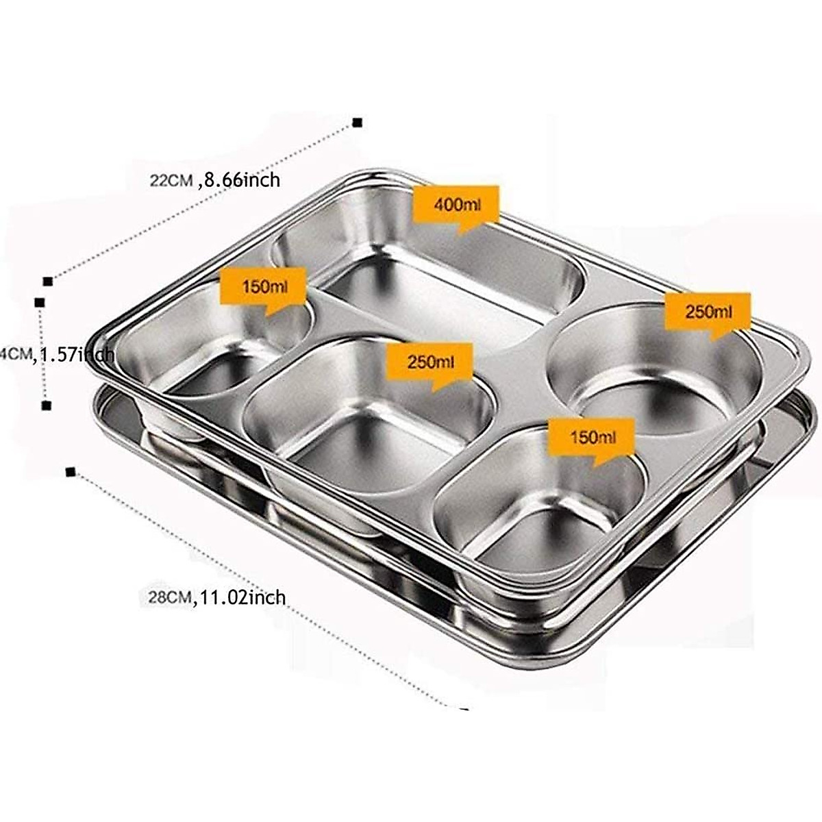 AIYoo Set of 2 Stainless Steel Rectangular Divided Plates Tray 5 Sections Dinner Plates for Adults - Unbreakable Metal Plate for Campers, and Portion Control Reusable Plate