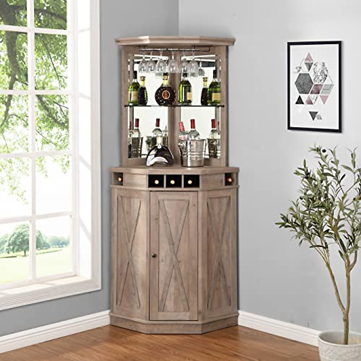 Home Source 73" Tall Corner Storage Cabinet with Wood Doors, Wine Rack, Liquor Glass Holder, Glass Design Large Rustic Bar Hutch for Living Room, Home Office, Kitchen, Small Space, Stone Grey