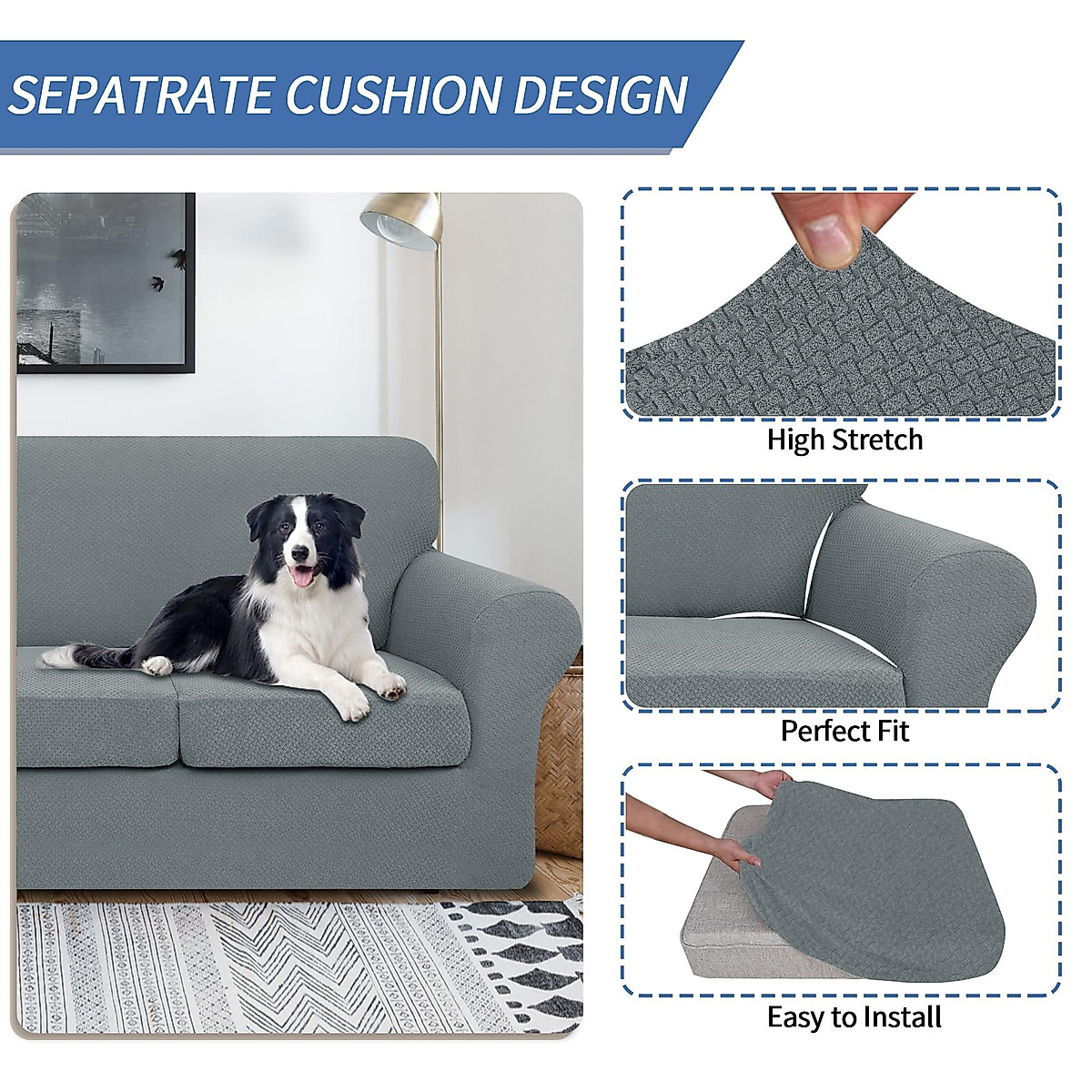 JIVINER 3 Pieces Couch Covers for 2 Cushion Couch Stretch Sofa Slipcover with 2 Extra Large Seat Cushion Covers Thick Fitted Loveseat Sofa Covers for Living Room (XL Loveseat, Light Gray)