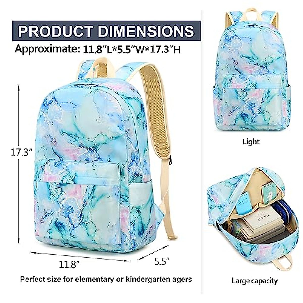 LEDAOU Backpack for Girls School Bag Kids Bookbag Teen Backpack Set Daypack with Lunch Bag and Pencil Case (Marble Purple Blue Green)