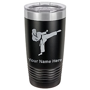 LaserGram 20oz Vacuum Insulated Tumbler Mug, Karate Woman, Personalized Engraving Included (Black)