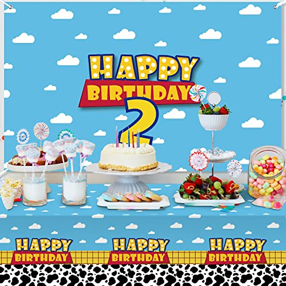 Cartoon Story Backdrop Birthday Party Supplies & 3 Pack Cartoon Story Birthday Tablecloth