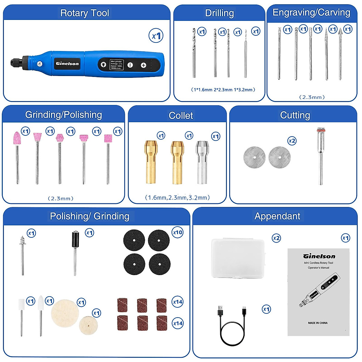 GINELSON Cordless Rotary Tool, 2000 mAh Battery Pack, 5-Speed and USB-C Charging Rotary Tool Kit with 64 Accessories, Multi-Purpose 3.7V Power Rotary Tool for Sanding, Polishing, Engraving, DIY Crafts