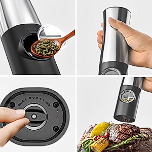 Electric Salt and Pepper Grinder Set, Adjustable Coarseness Automatic Pepper and Salt Mill Powered Refillable with Rechargeable Base, One Hand Automatic Operated Kitchen Gadgets, Stainless Steel