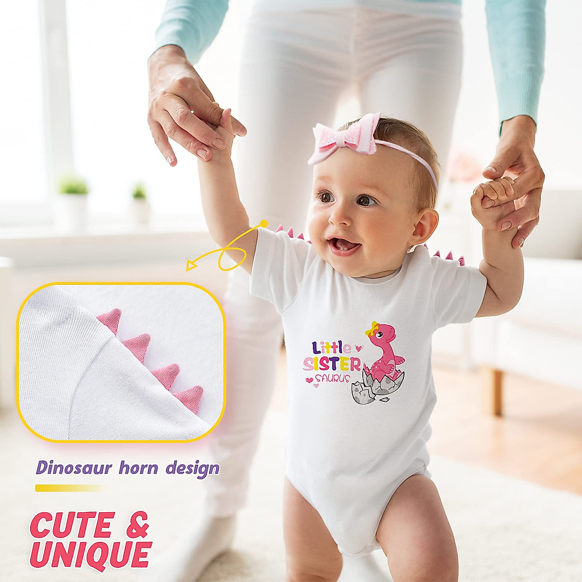 WAWSAM Little Sister Bodysuit Newborn Baby Girls’ Dinosaur Romper Sibling Outfit Infant Toddler Cotton Printed Short sleeve Onesies Dino Casual Summer Jumpsuit Gift (white, 0-3 Months)