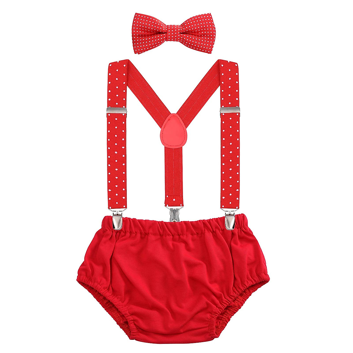 AWAYTR Baby Boys Cake Smash Outfit - First Birthday Party Suspenders Bow Tie Bloomers Set (Red Polka Dot)