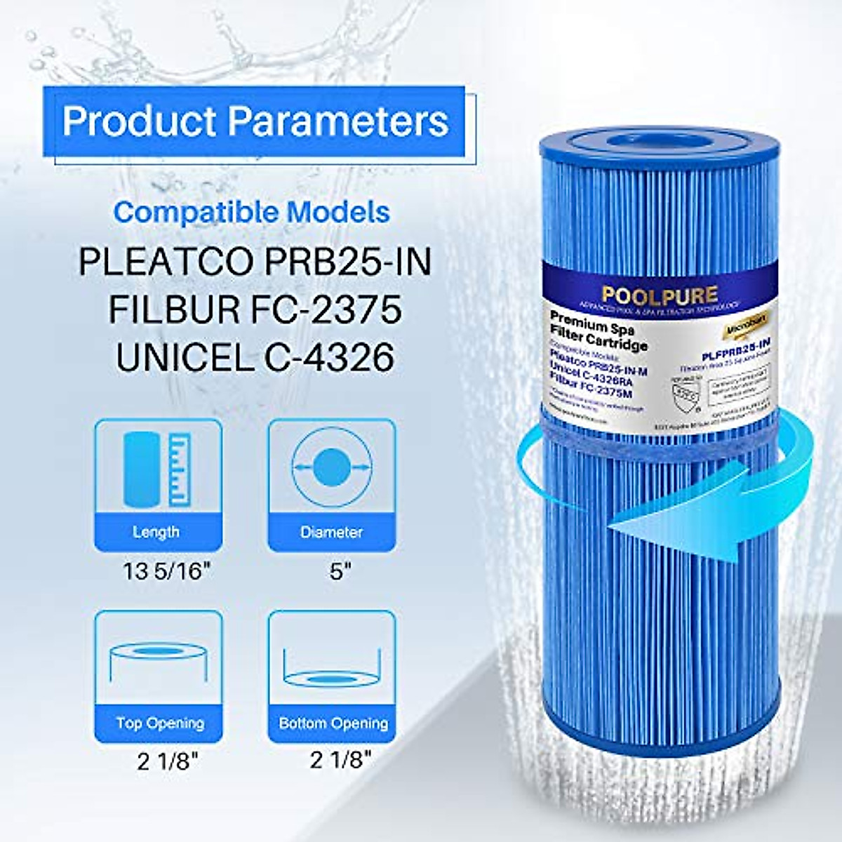 POOLPURE Antimicrobia PRB25-IN-M Spa Filter Replaces Unicel C-4326RA, Filbur FC-2375M, 3005845, 17-2327, 100586, 33521, 25392, 817-2500, 5X13 Drop in Spa Filter 1 Pack