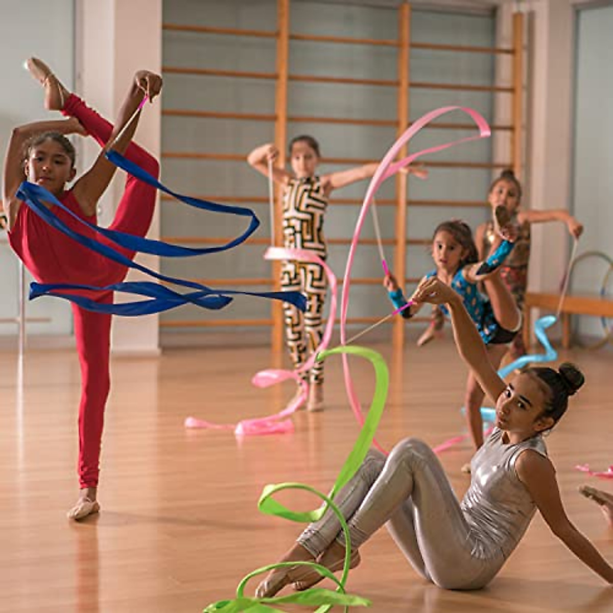 PAMASE Dance Ribbons - 16 Packs Ribbon Wands with Non-slip Handle for Kids, 6.6ft Rhythmic Gymnastics Dancing Rainbow Twirler Sticks Streamers Dance Flags