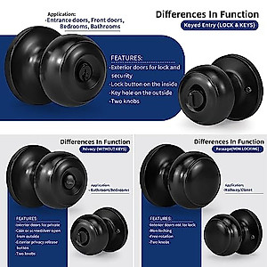 LOQRON Keyed Entry Door Knob for Entrance, Front Doorknob with Lock and Key for Exterior & Interior Right and Left Side Bedroom, Living Room, Matte Black,1 Pack