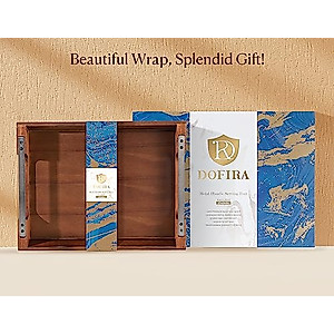 Dofira Acacia Wood Serving Tray with Metal Handles, 17x13in Food Drinks Tray for Coffee Table, Breakfast, Dinner & Bar, Rustic Decorative Storage Tray for Ottoman, Kitchen, Bedroom (Gift Packaging)