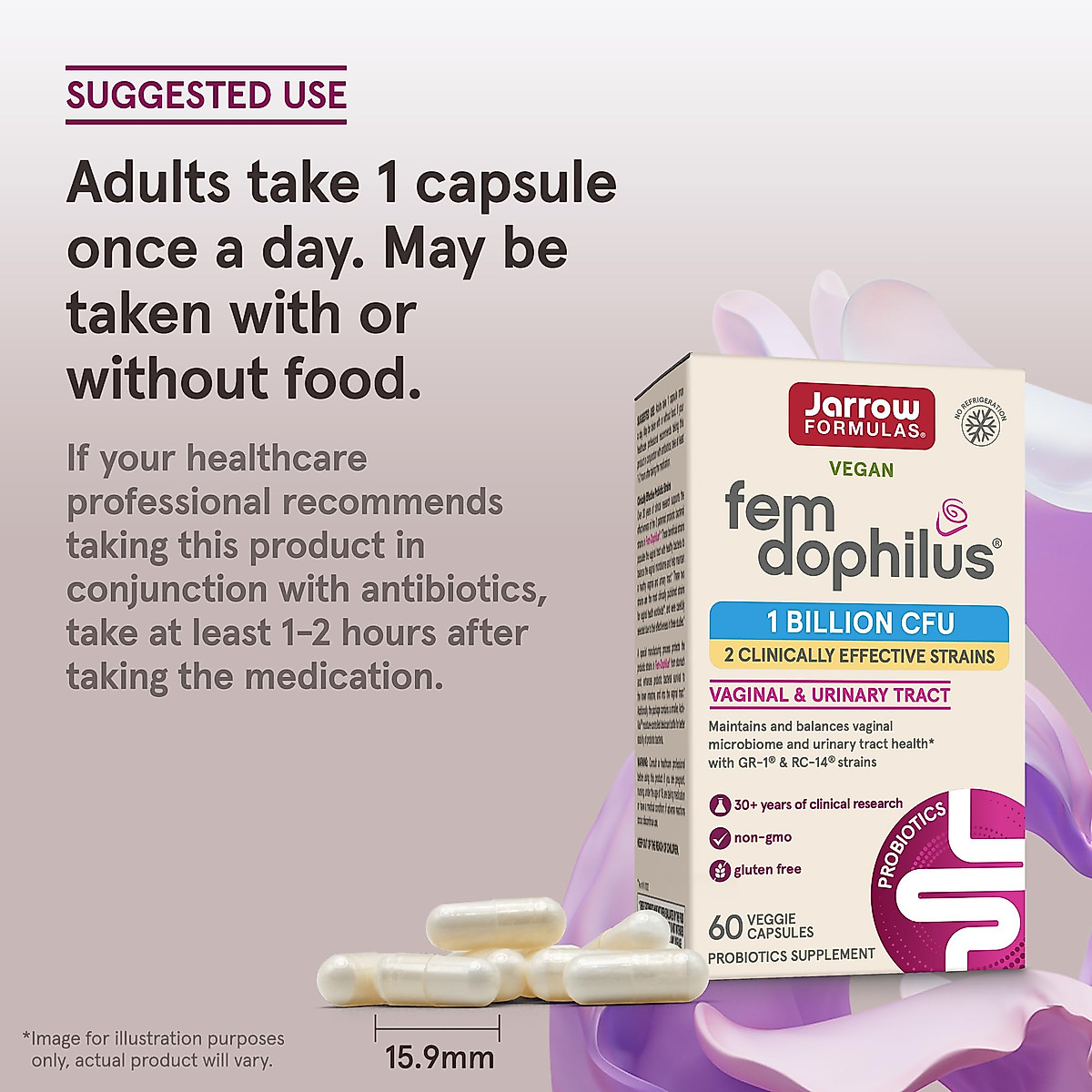 Jarrow Formulas Fem-Dophilus Probiotics 1 Billion CFU With 2 Clinically Effective Strains, Dietary Supplement for Vaginal Health and Urinary Tract Health, 60 Veggie Capsules, 60 Day Supply