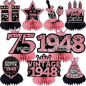 9pcs 75th Birthday Centerpieces for Tables, Rose Gold 75th Birthday Decorations Women Cheers to 75th Honeycomb Decorations Toppers Vintage 1948 Aged to Perfection Seventy-five Old Supplies cocomigo