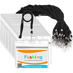 Fushing 50Pcs Clear Plastic Horizontal Name Tags Badge ID Card Holders and 50Pcs Flat Neck Lanyards with Swivel Hook