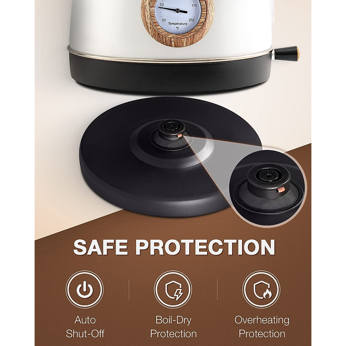 Electric Tea Kettle, Hot Water Boiler with Thermometer 1.7 Liter Stainless Steel Teapot, BPA Free, 1500W, SMOLON Wood Pattern Handle Pour-Over Electric Kettle with LED Indicator Auto Shut-Off, White