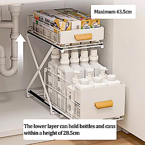 LONONE Under Sink Shelf Rack Metal Under Sink Organizers and Storage 2 Tier Sliding Cabinet Organizer Pull Out Shelves Under Kitchen Sink,White