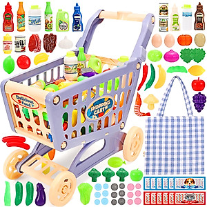 Tagitary Shopping Cart Toy for Kids,82 PCS Toddlers Large Play Grocery Cart with Shopping Bag,Included Pretend Food Veggies,Play Money Cash and Coins,Educational Toys Play Kitchen Accessories for Kids