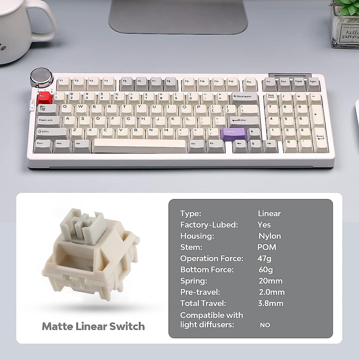 EPOMAKER CIDOO ABM098 1800 Compact VIA Gasket Mount Hot Swap Bluetooth 5.0/2.4Ghz/Type-C Mechanical Keyboard, with Poron Foam, South-Facing LEDs and Metal Knob for Mac/Win(ABM098 Matte Linear Switch)