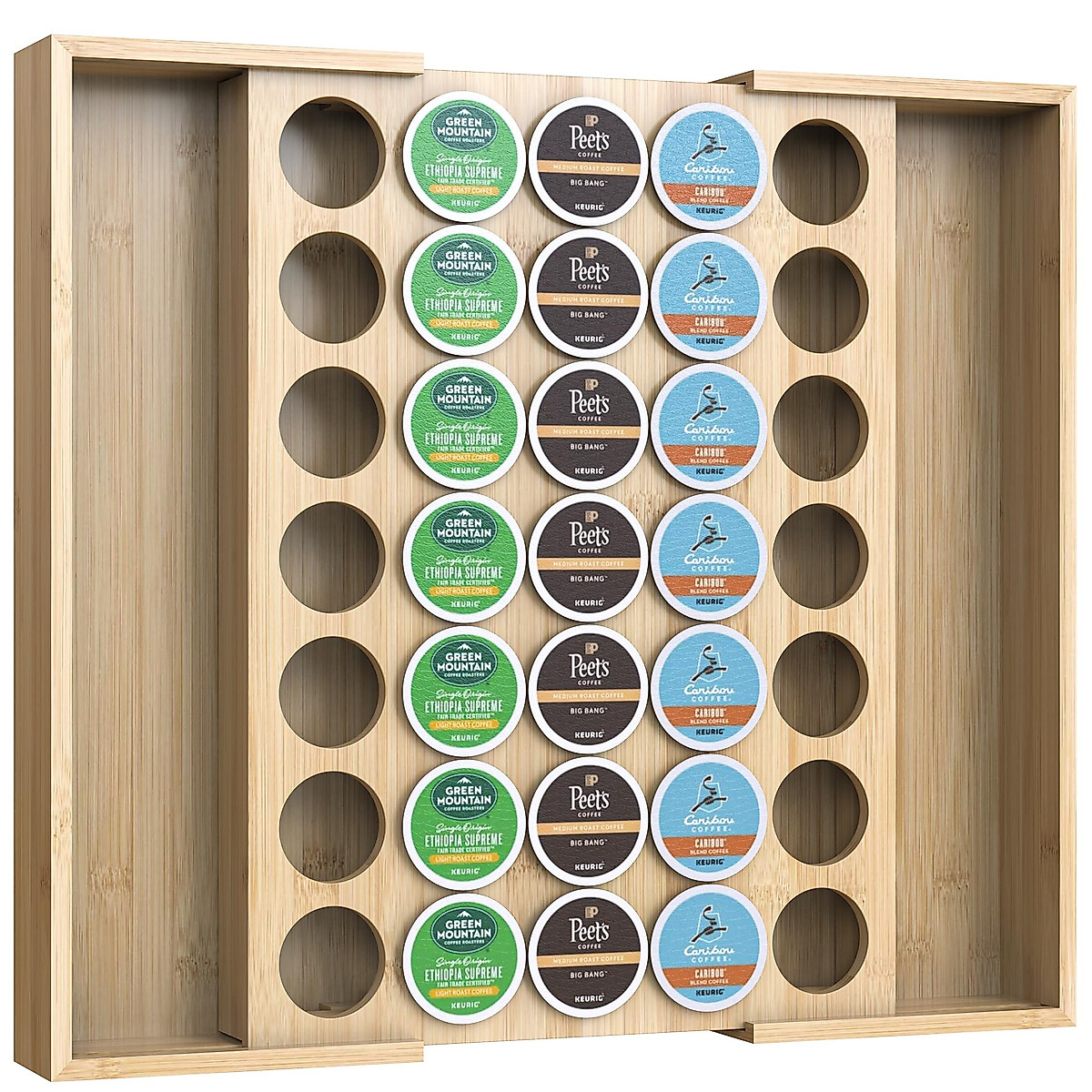 WELL WENG Larger Expandable Bamboo Coffee Pod Holder for Counter Drawer - Compatible with K-Cup Pods - Tea Bags Storage (Natural)