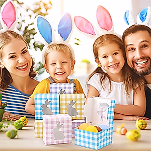 24 Pcs Easter Treat Boxes 5 Candy Colors Cardboard Box with Rabbit Bunny Shape Window Colorful Paper Easter Candy Box Easter Containers Cardboard Easter Cookie Basket Spring Easter Gift Boxes (Plaid)