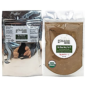 Dimmak Herbs Organic Fo Ti Root Raw Chinese Herb Powder - Cure/Prepared USDA Organic He Shou Wu (Polygonum Multiflorum Preperata) Add to Water or Smoothie 1 4oz/112g Bag