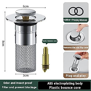 1pcs Bathroom Sink Stopper Hair Catcher, Pop Up Bathtub Drain Strainer with Removable Stainless Steel Drain Filter Basket for US Universal Kitchen Bathroom Sink Stopper Replacement