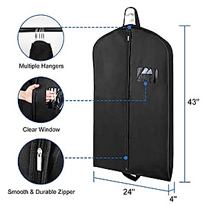 Garment Bags for Travel 43" 2 Pack, Hoprfire Suit Garment Covers with 4" Gussetes for Closet Storage for Men Breathable Foldable Hanging Bags Waterproof for Suit, Clothes, Custom, Tuxedo, Shirts, Coat