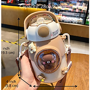 LEJN Kawaii Water Bottle with Adjustable Shoulder Strap Portable Leakproof BPA-free Cartoon Children Cup Capsule Bottle Traveling Hiking (Pink820ml)