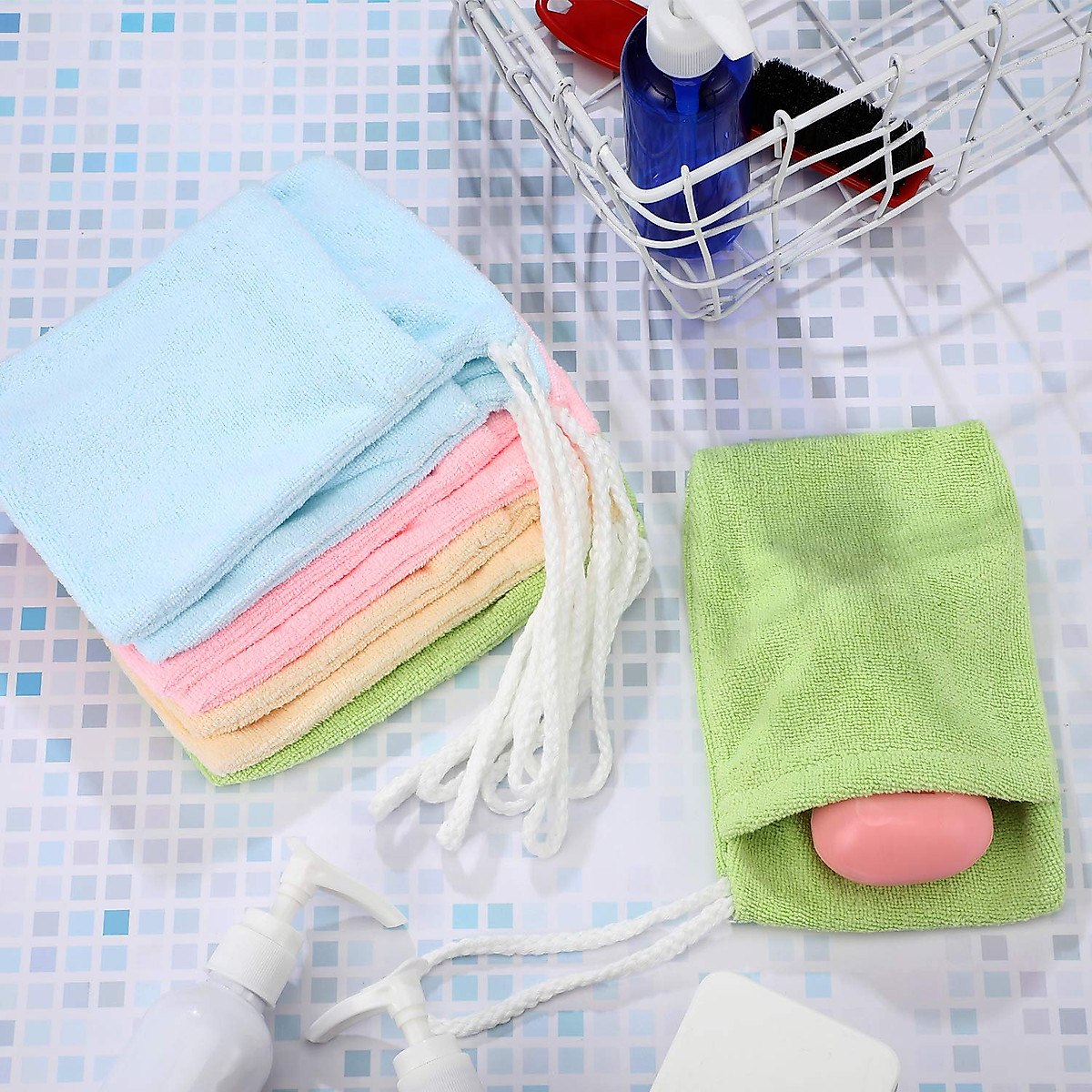8 Pieces Soap Holder Bag Microfiber Soap Exfoliating Saver Bag Hanging Soap Saver Pouch Colorful Soft Soap Bags for Body Face Cleaning Supply, 4 Colors