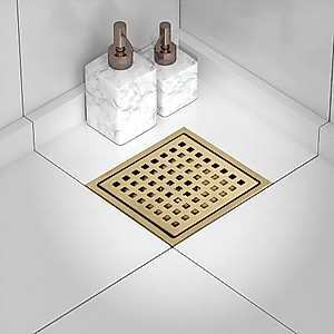 4 Inch Square Shower Drain, 304 Stainless Steel Shower Floor Drain Kit with Flange, Removable Grid Cover Hair Strainer, Golden Brushed Nickel for Bathroom, Garage, Laundry Room