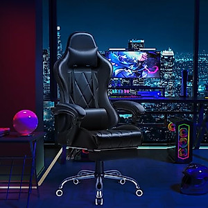 Shahoo Gaming Chair with Footrest and Massage Fuction Lumbar Support, 360°Swivel and Height Adjustable Seat with Headrest for Office or Bedroom, Study Room, Black