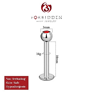 Forbidden Body Jewelry 16g 10mm Surgical Steel Tragus Earring, Helix Earring and Labret Piercing Stud, 3mm Red CZ Top