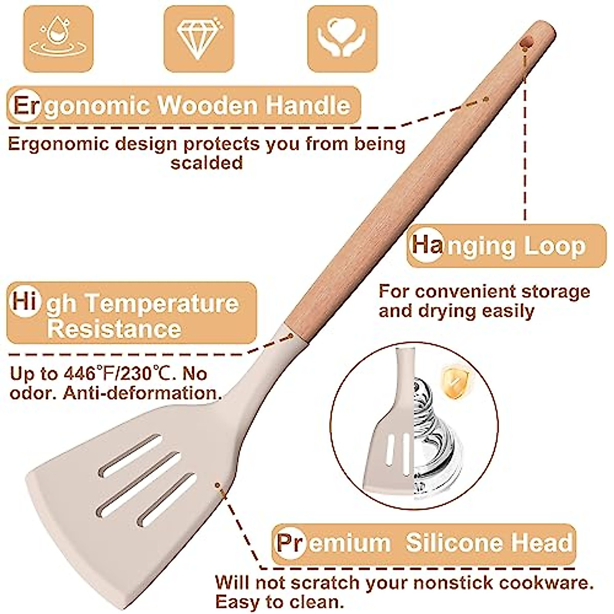 28 Pcs Silicone Cooking Utensils Kitchen Utensil Set - 446°F Heat Resistant, Turner Tongs, Spatula, Spoon, Brush, Whisk, Wooden Handle, Kitchen Gadgets with Holder for Nonstick Cookware (Khaki)