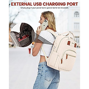 LOVEVOOK Quilted Backpack for Women, 15.6 Inch Computer Bag, Stylish Travel Backpack Purse Notebook with USB Port Waterproof Casual Daypack Large Bags for Daily Work, Beige
