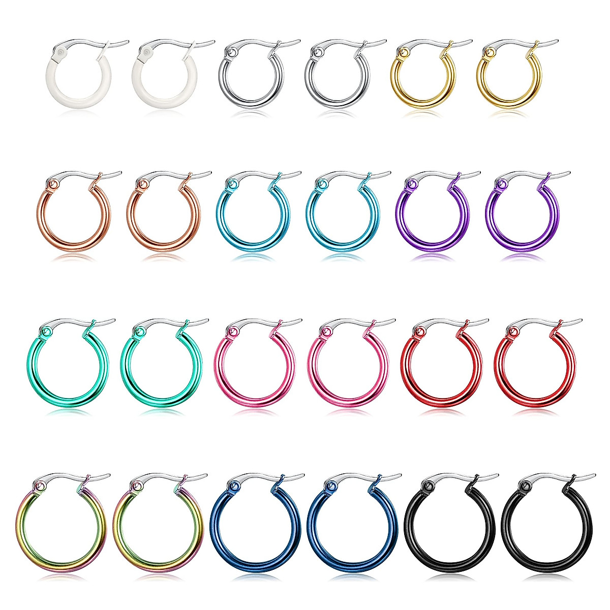 Sanfenly 12 Pairs Stainless Steel Hoop Earrings Small Hoop Earrings for Women Hypoallergenic Multi Colored Silver Gold Plated Hoop Earrings Set (10mm,12mm,15mm,20mm)
