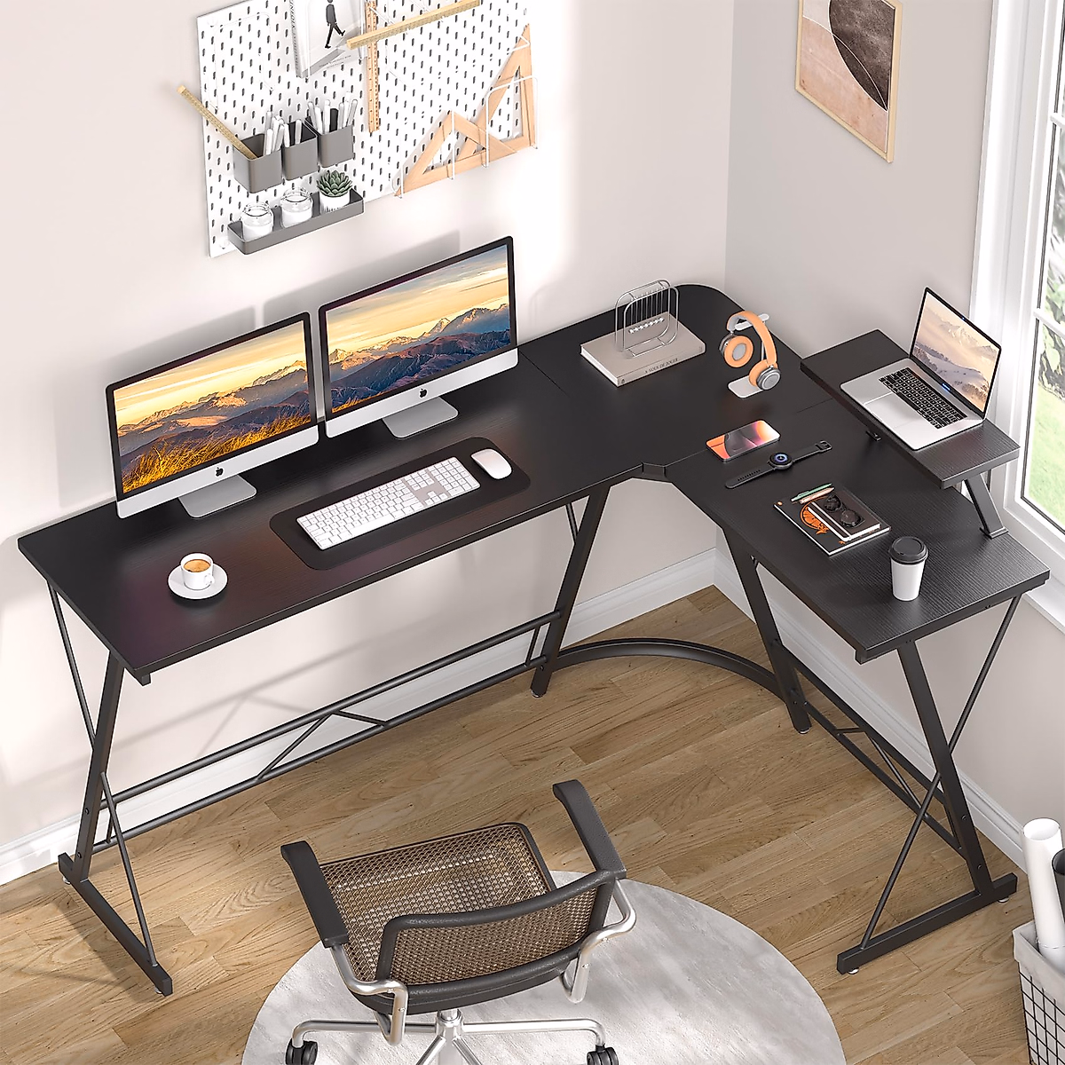 Mr IRONSTONE 63" L Shaped Computer Desk, Corner Desk, Home Office Desk, Gaming Writing Workstation with Large Monitor Stand, Easy to Assemble, Black Willow