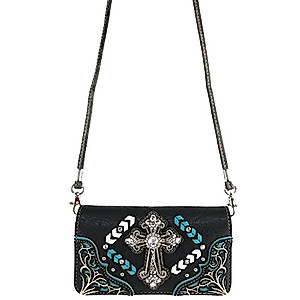 Justin West Trendy Western Cross Rhinestone Leather Conceal Carry Top Handle Square Backpack Purse (Black Blue Wallet Only)