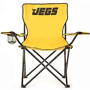 JEGS Folding Chair | Yellow Canvas with Black Logo | Black Powder Coated Frame | Capacity 250 LBS | Total Height 36” | Includes Mesh Cup Holder and Storage Bag with Strap