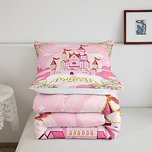 Princess Twin Bedding Sets for Girls,Pink Castle Dreamy Comforter Set Kids Bedroom Decor,Flowers Garden Princess Bed Set,Fairy Tale Theme Duvet Insert Cute Blanket,Gifts for Girls