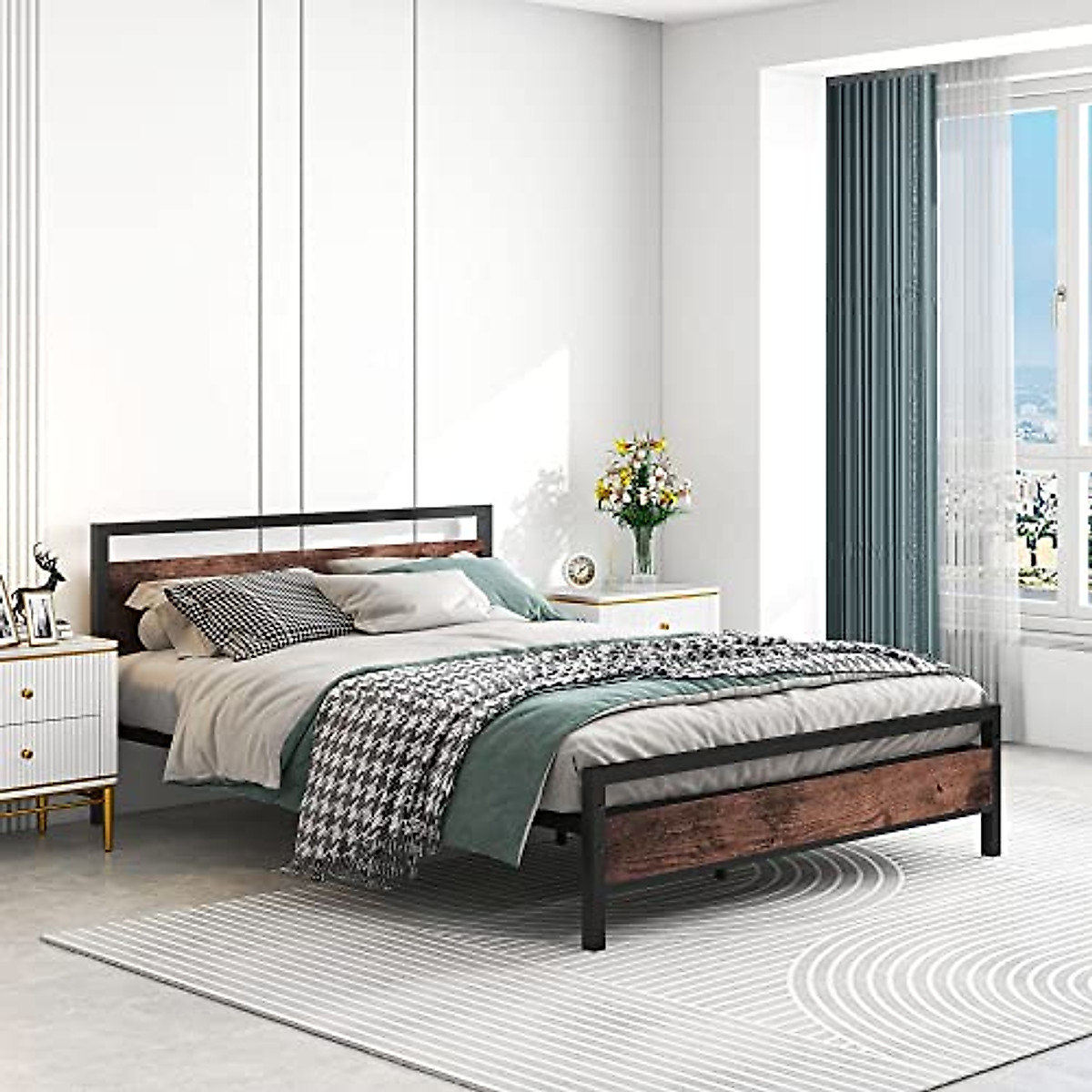 JURMERRY Queen Size Metal Platform Bed Frame with Wooden Headboard and Footboard Heavy Duty Steel Support, Mattress Foundation, No Box Spring Needed, Easy Assembly, Black RB