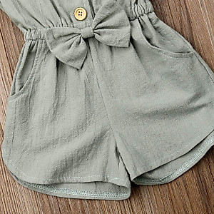 Toddler Kids Baby Girl Flutter Sleeve Short Romper Jumpsuit Botton Down Shirt Tops with Bowknot (Light Green, 4-5T)