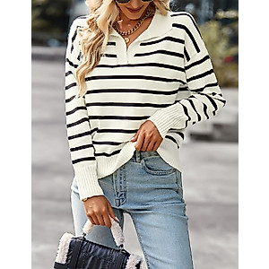 BQDCQB Women Striped Sweater Polo V Neck Long Sleeve Loose Sweater Knit Pullover Jumper Tops Black L