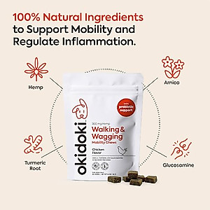 OKIDOKI Pets Mobility Chews Chiken for Dogs | Max Potency Hemp Extract |Balanced Mood & Behavior | Nervousness & Separation Anxiety Relief for Dogs | Dog Mobility Treat with Hemp Oil - Pack of 1
