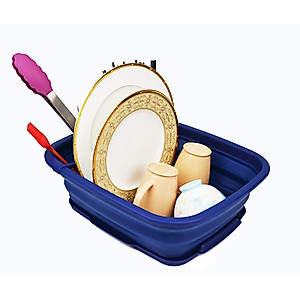 SAMMART 8L (2.11Gallons) Collapsible Dish Drainer with Drainer Board - Foldable Drying Rack Set - Portable Dinnerware Organizer - Space Saving Kitchen Storage Tray (Royal Blue, 1)