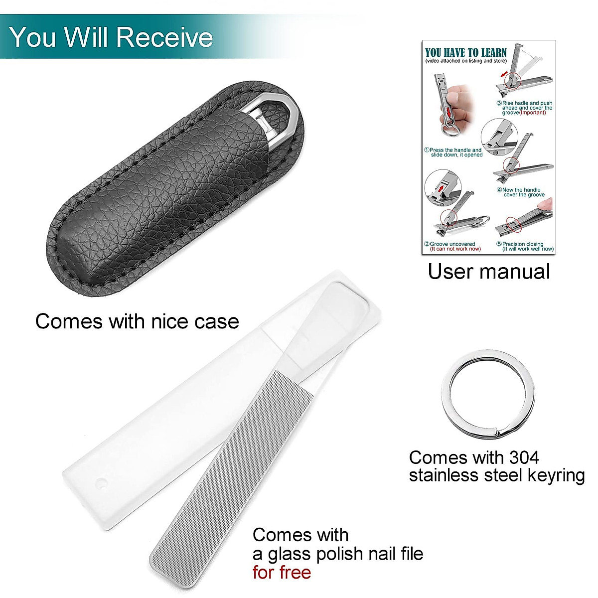 XGIZMOO Nail Clippers for Natural Finger Nails Ultra Thin Mini Travel Portable Folding Wide Jaw Cutter with Glass Nail File Curved Trimmer for Fingernail Toenail, with Keychain(X021DB-S)