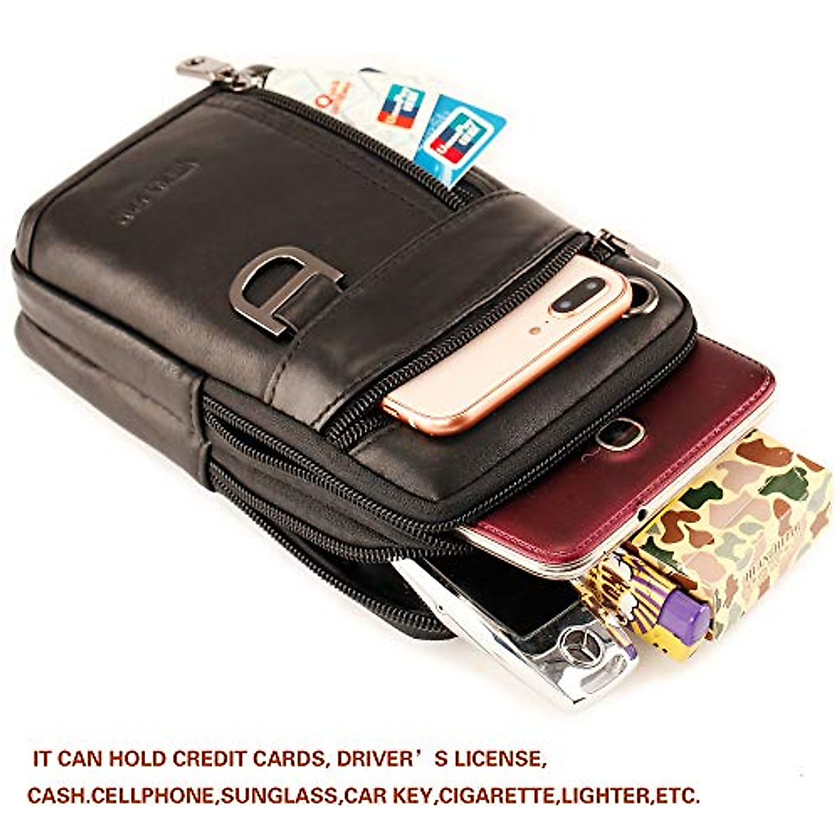 Mens Leather Cell Phone Holster, Vertical Belt Clip Cellphone Pouch,Purse Waist Bag Compatible with iPhone Google, Zipper Storage Phone Bag for Work,Hike