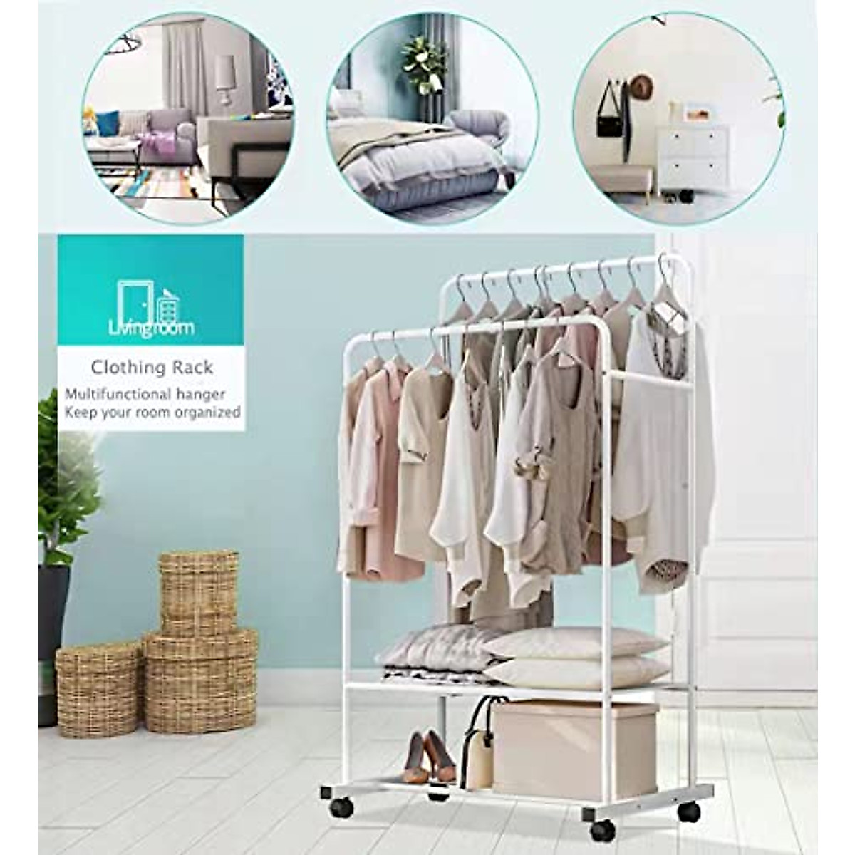 befacai Clothing Garment Rack with Shelves, Upgraded Length Cloth Hanger Rack Stand on Wheels, Clothes Drying Rack with Two Rod(31.5inch White)