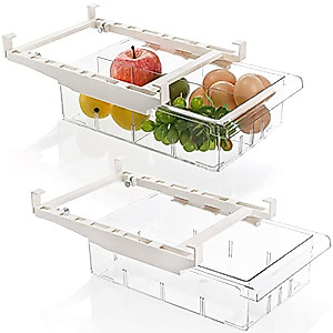 Yesland 2 Pcs Fridge Drawer Organizer with Handle and 4 Divided Sections - Pull-out Refrigerator Storage Drawers Bins and Refrigerator Storage Box - Clear Container for 0.6'' Fridge Shelf