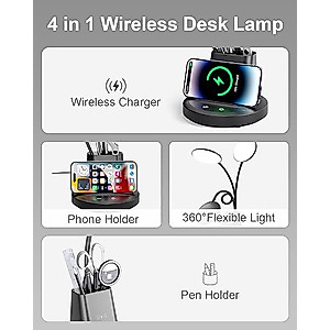 GOLSPARK Desk Lamp with Wireless Charger for Home Office, Eye-Caring Reading Lamp 3 Color Modes Stepless Dimming LED Desk Lamp, Touch Table Lamp with Pen Holder, CRI 90 AC Adapter Included