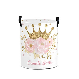 Personalized Laundry Baskets Bin,Pink Floral Gold Crown Princess Laundry Hamper with Handles, Collapsible Waterproof Clothes Hamper,Storage for Bedroom, Bathroom, Toys 50L